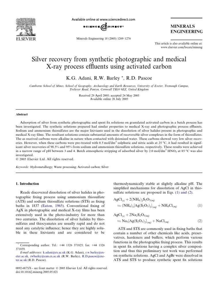 Silver Recovery From Synthetic Photographic and Medical X Ray Process ...