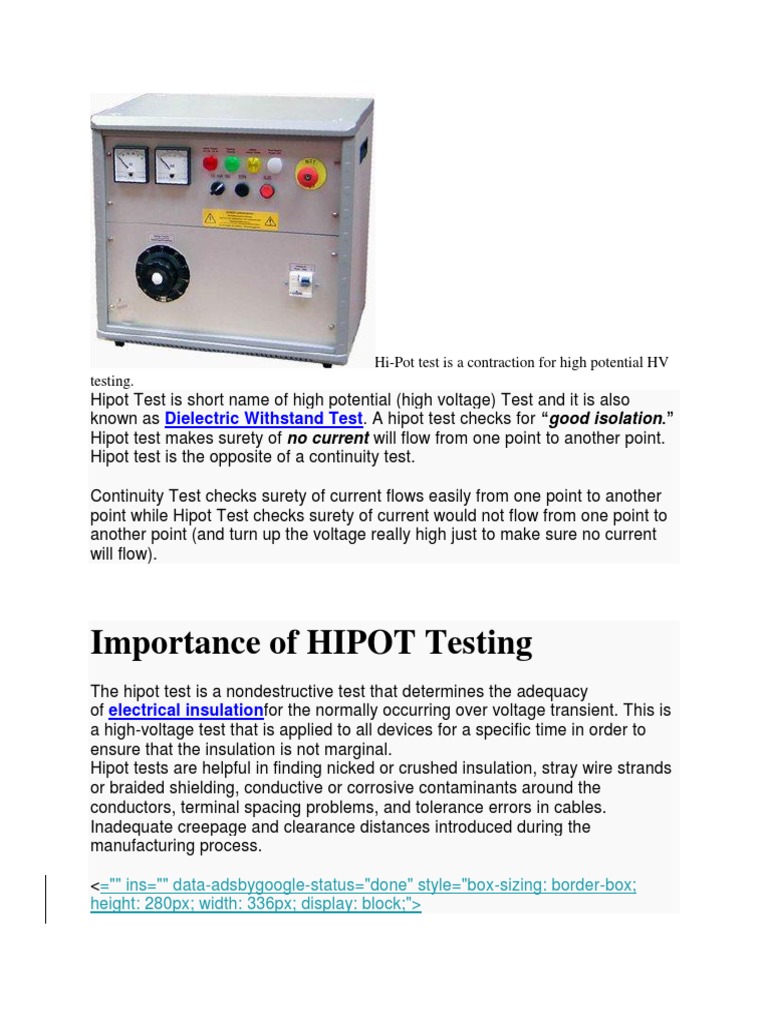 Understanding HIPOT Testing Procedures | PDF | Insulator (Electricity ...