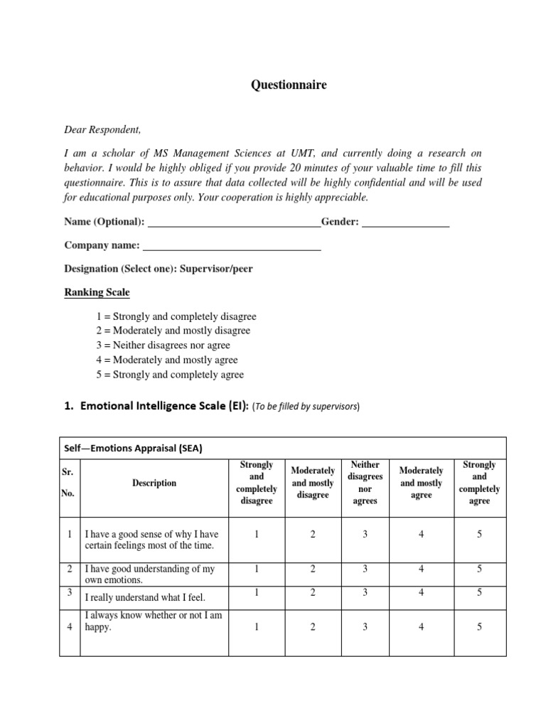 Questionnaire | Emotional Intelligence | Action (Philosophy)