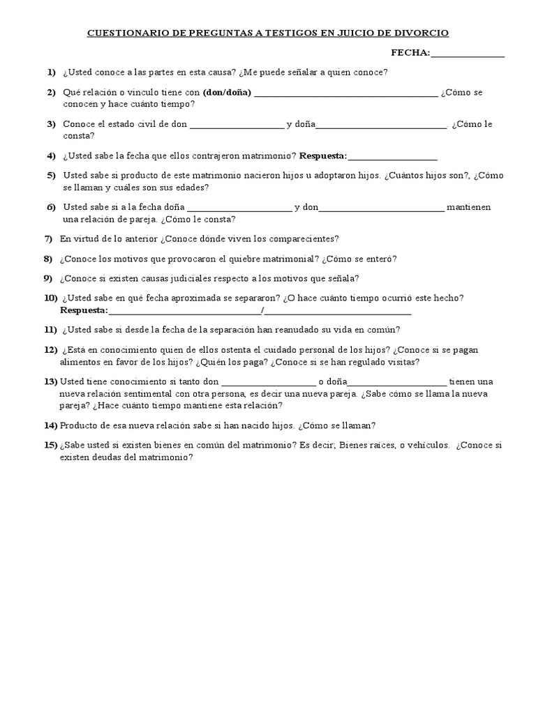 Cuestionario de Preguntas A Testigos de Divorcio | PDF
