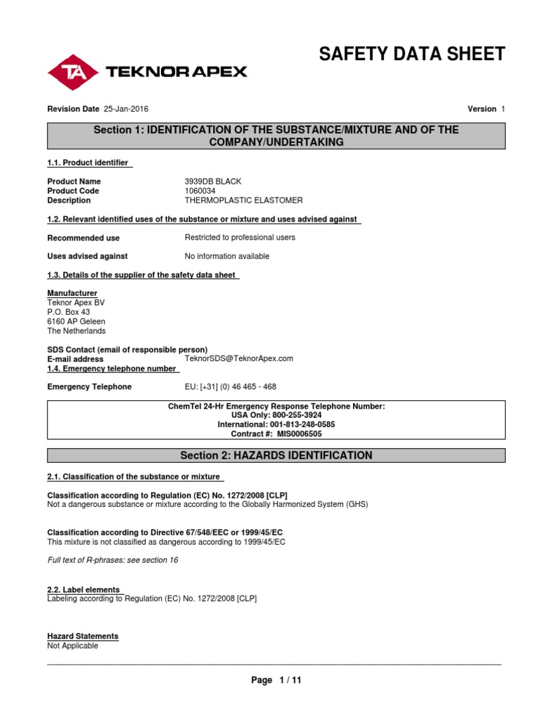 Safety Data Sheet: Section 1: Identification of The Substance/Mixture ...