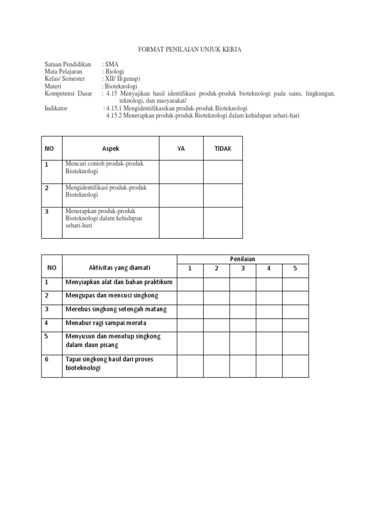 Format Penilaian Unjuk Kerja | PDF