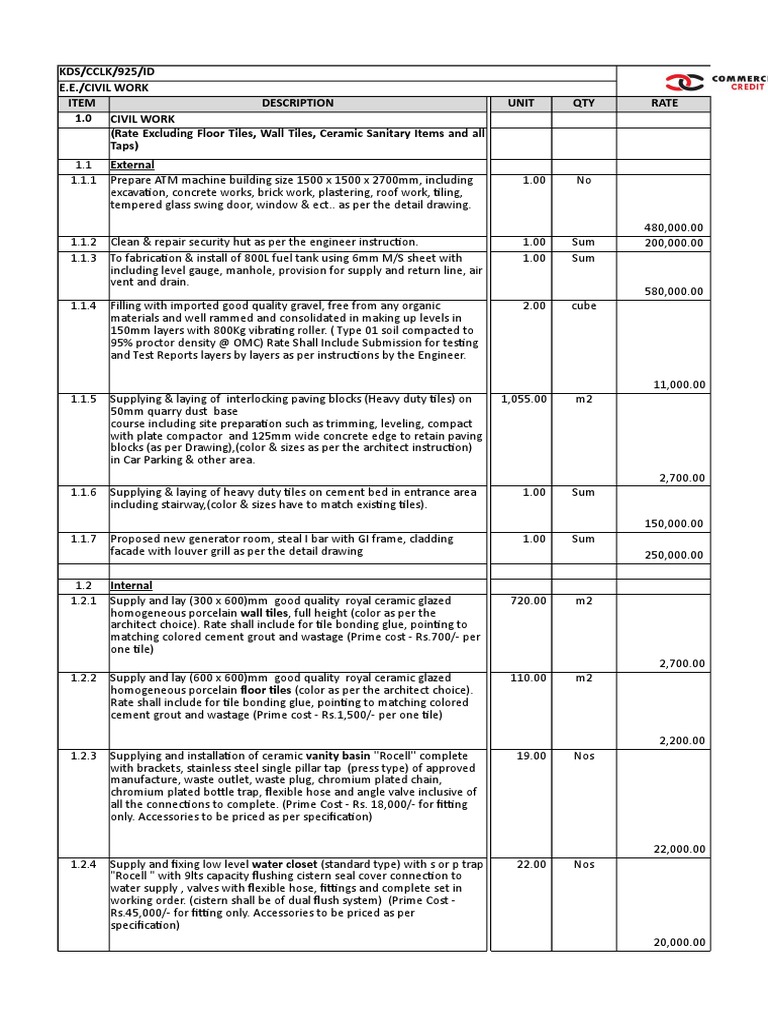 Civil Work - BOQ - CCLK - Borella | PDF | Door | Tile