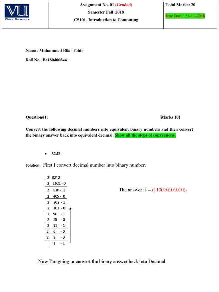Name: Muhammad Bilal Tahir Roll No. Bc180400644: First I Convert ...