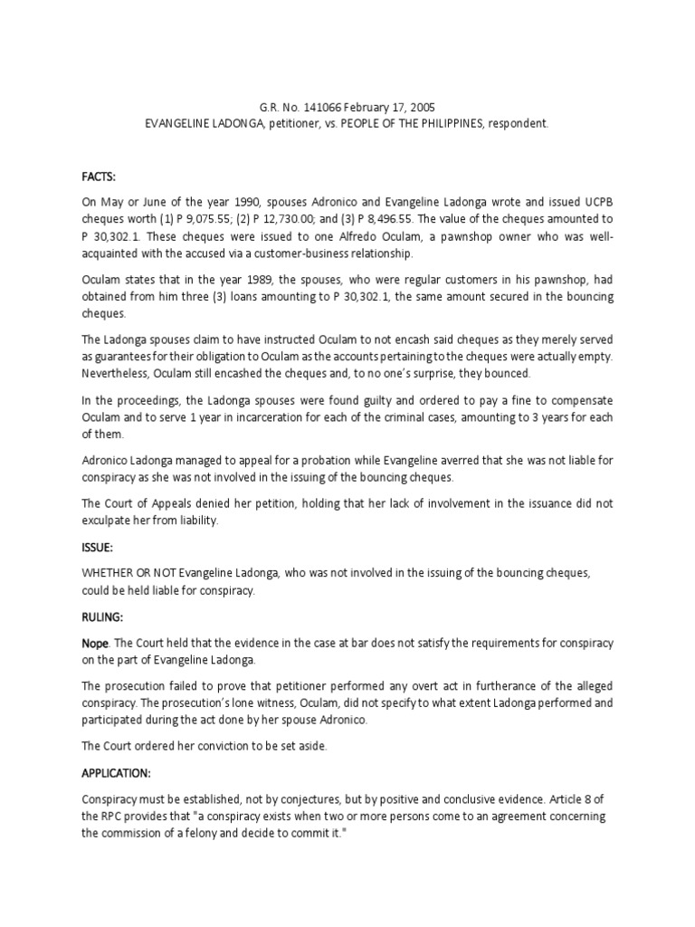 Ladonga V People Case Digest | PDF | Conspiracy (Criminal) | Fine (Penalty)