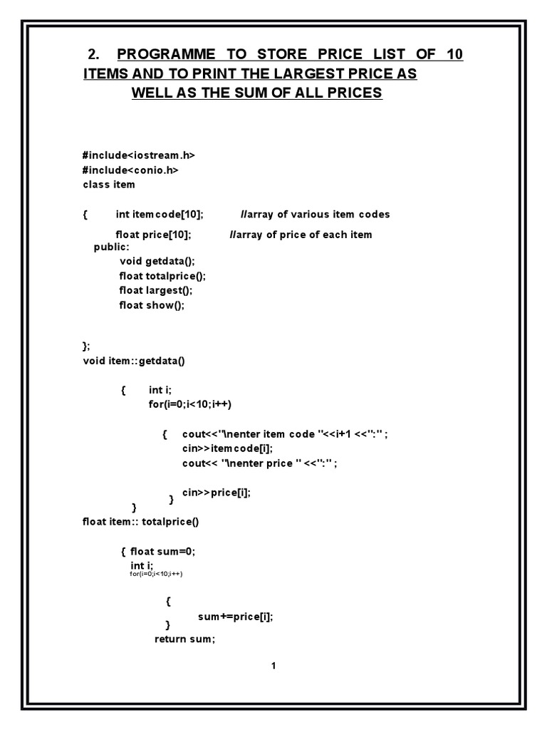 Programme To Store Price List of 10 Items and To Print The Largest ...