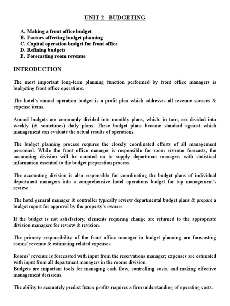 Unit 2 Budgeting Pdf Forecasting Budget