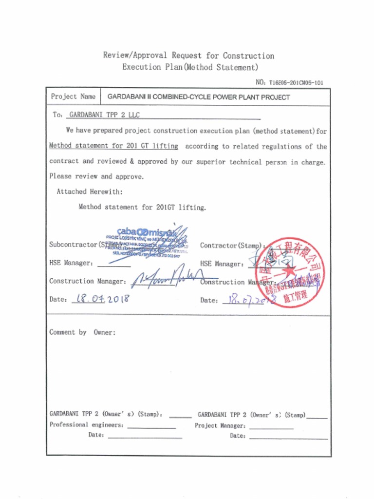 Method Statement of GT Lifting PDF | PDF