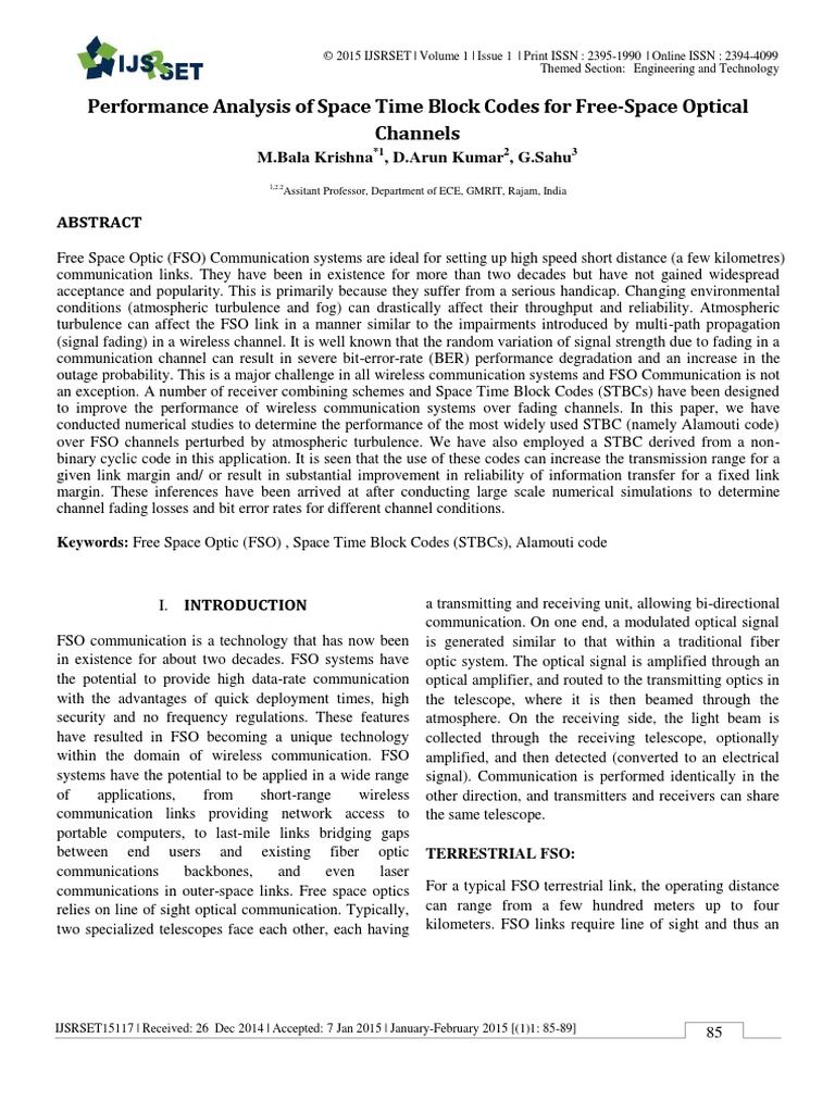 Performance Analysis of Space Time Block Codes For Free-Space Optical Channels | PDF ...