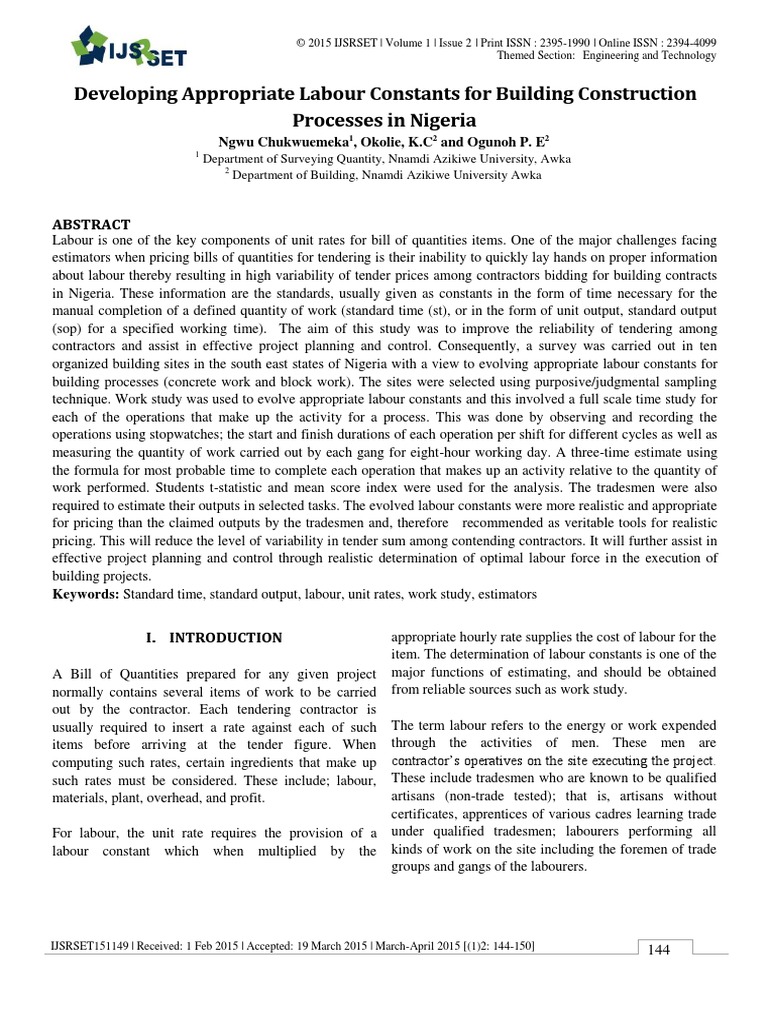 Developing Appropriate Labour Constants For Building Construction ...