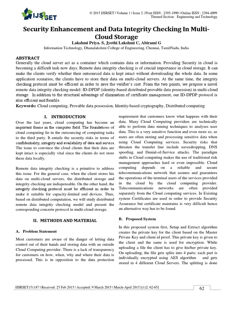 Security Enhancement and Data Integrity Checking in Multi-Cloud Storage | PDF | Zip (File Format ...