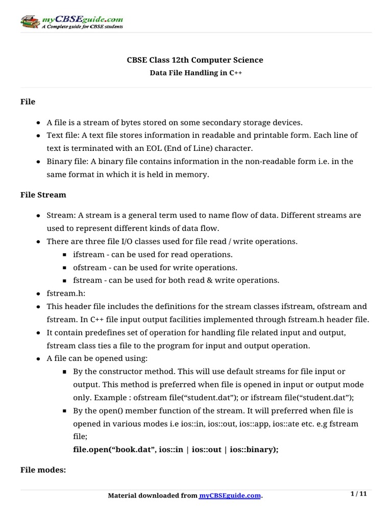 Cbse Class 12th Computer Science Data File Handling In C Pdf Pointer Computer