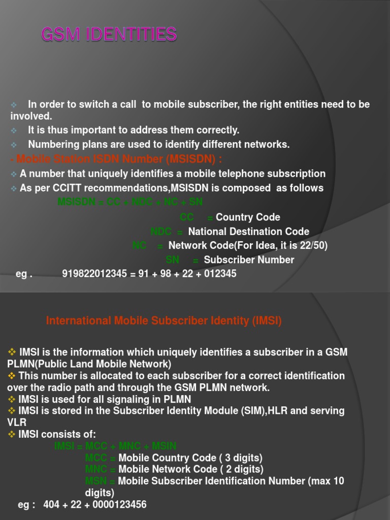 Mobile Station ISDN Number (MSISDN):: Msisdn = Cc + Ndc + Nc + Sn Cc ...