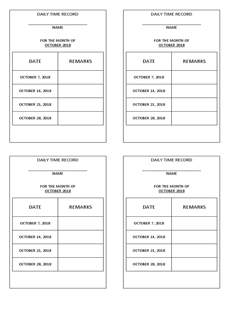 Date Remarks Date Remarks: Daily Time Record Daily Time Record | PDF