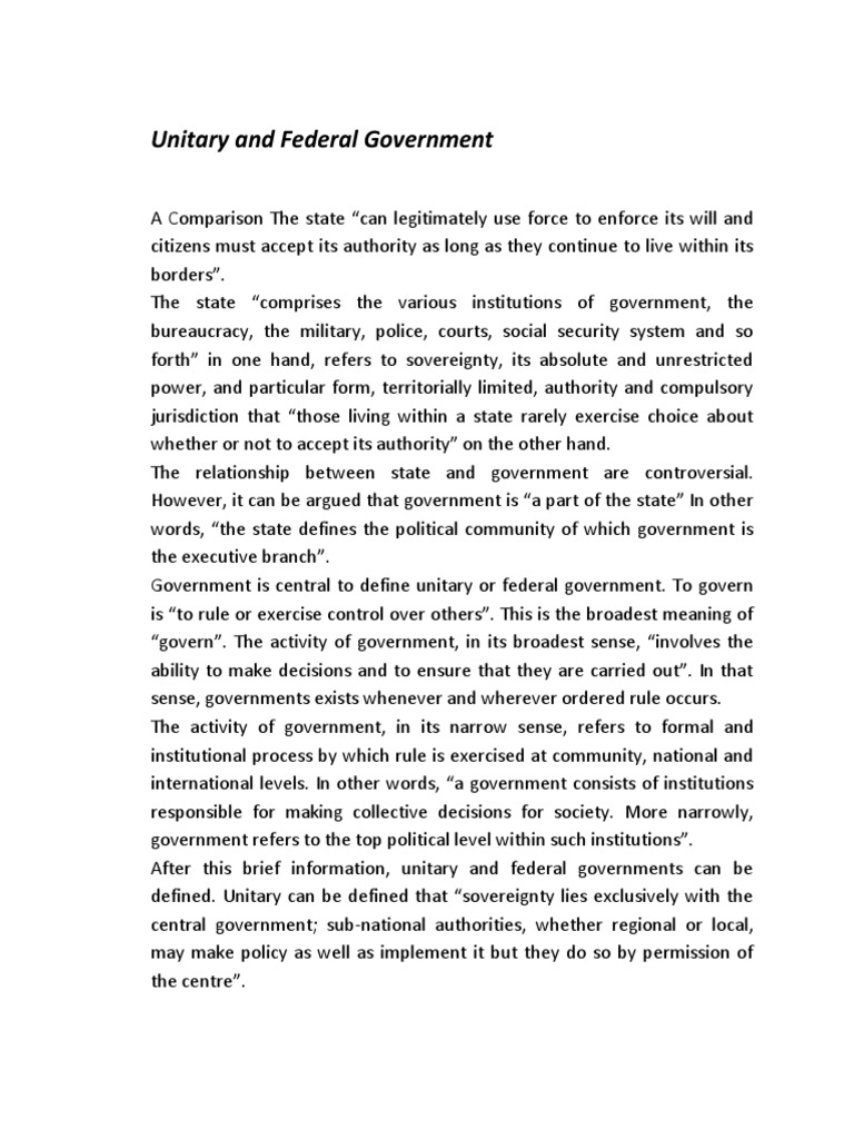 Comparative Research About Unitary and Federal Government: Defining ...