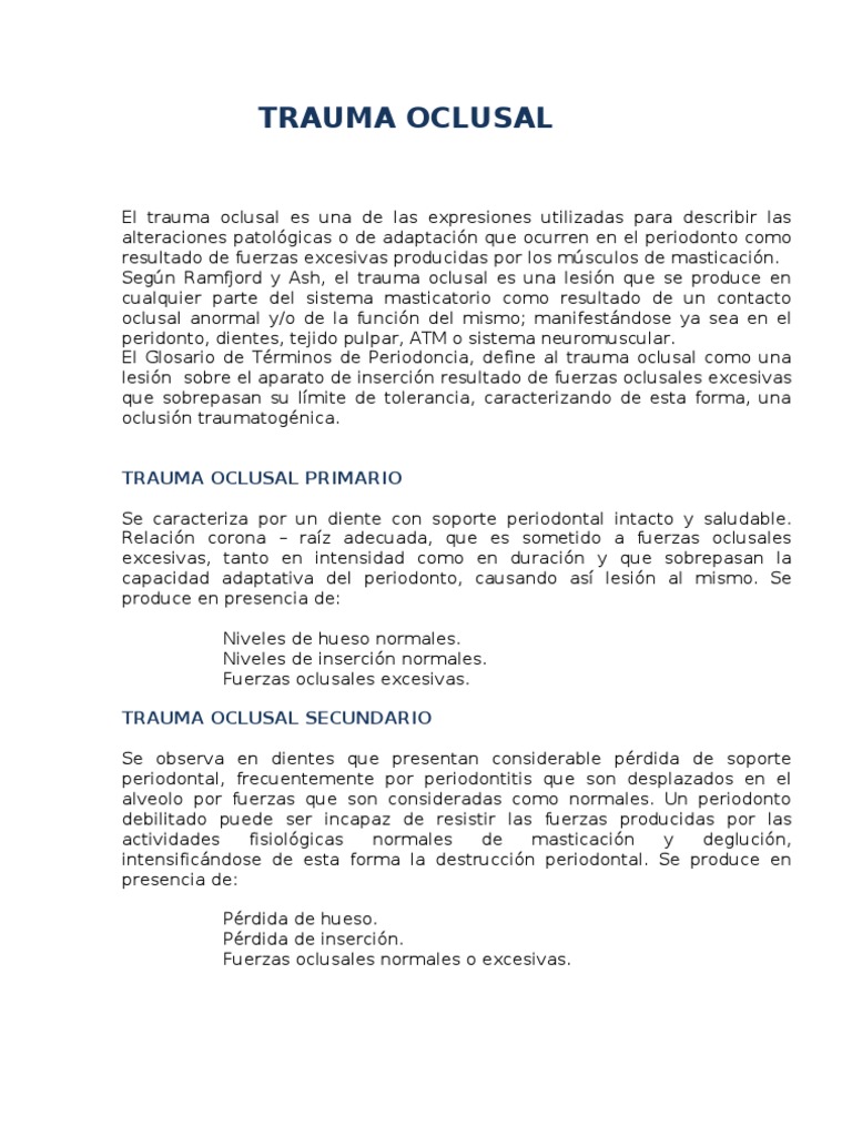Trauma Oclusal: Tipos y Tratamientos | PDF | Lesión | Odontología
