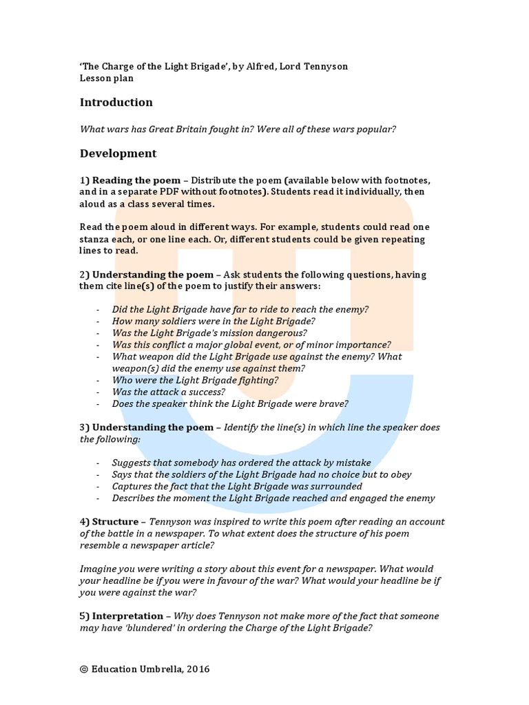 The Charge of The Light Brigade - Lesson Plan PDF | PDF | Military ...