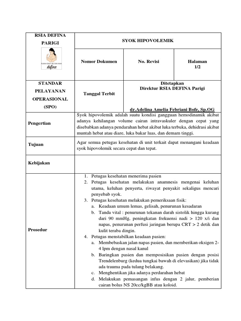 Penanganan Syok Hipovolemik di RSIA Defina | PDF