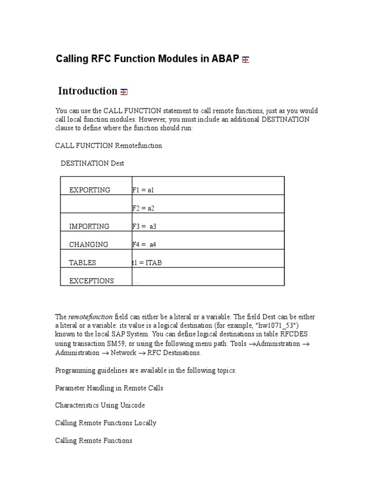 Calling RFC Function Modules in ABAP | PDF | Subroutine | Database Transaction