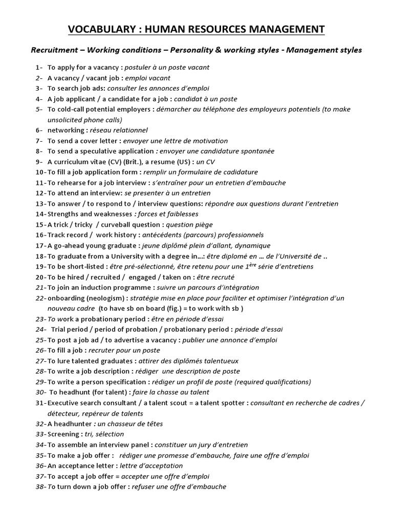 Vocabulary List HR | PDF | Emploi | Travail