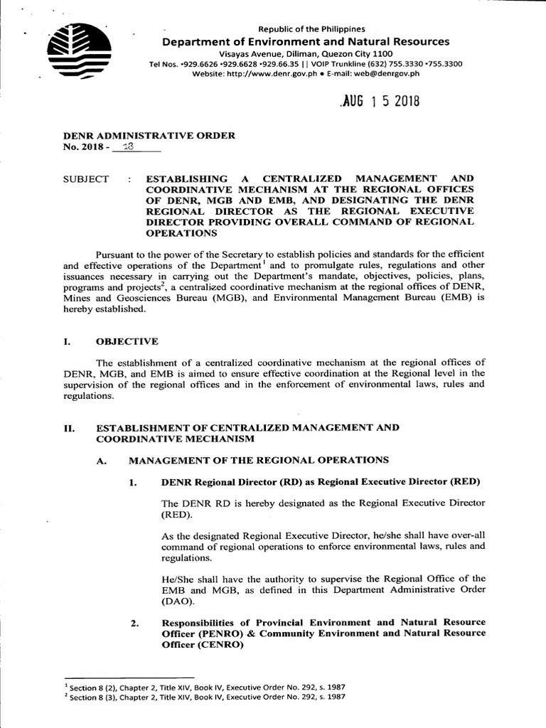 (DAO 2018-18) Centralized Management of DENR Offices PDF | PDF