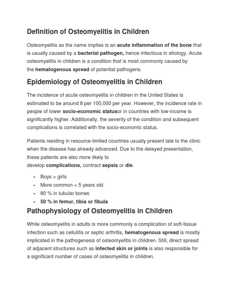 Definition of Osteomyelitis in Children: Acute Inflammation of The Bone ...