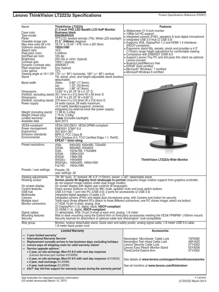 Thinkvision Lt2223Z Specifications: Lenovo | PDF | Computer Monitor ...