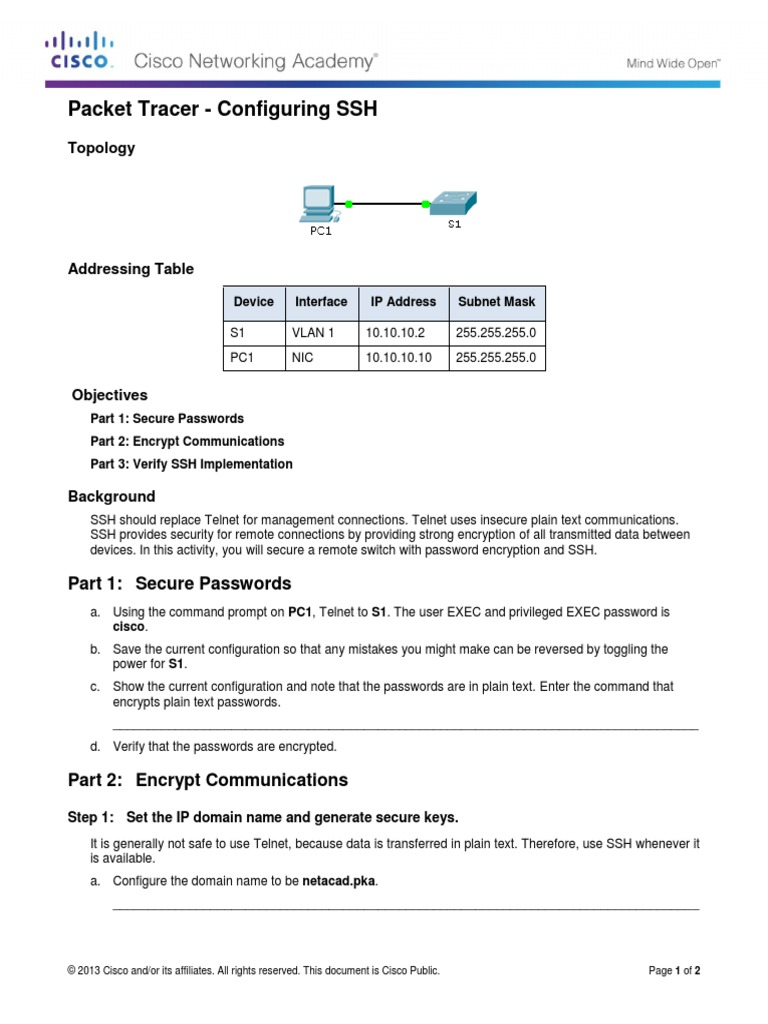 5.2.1.4 Packet Tracer - Configuring SSH Instruction | PDF | Secure Shell | Password