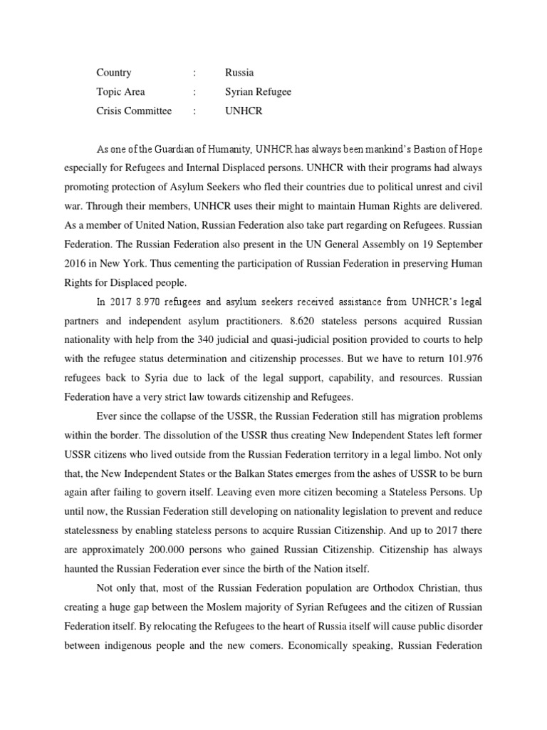 Position Paper RUssia | PDF | Refugee | United Nations High ...