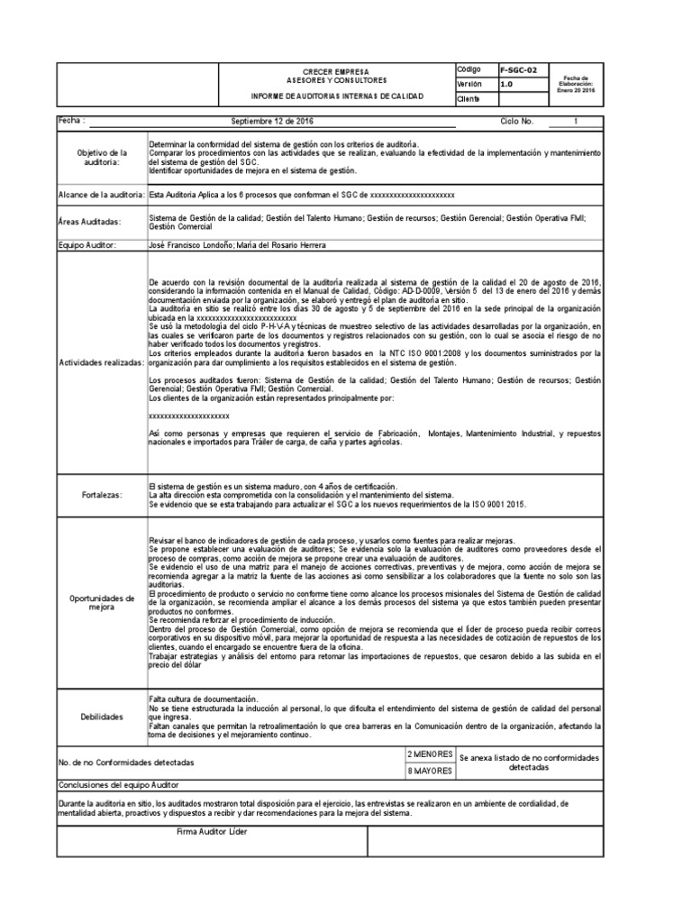 Informe Auditoria Interna Ejemplo | Sistema de manejo de calidad | Auditoría