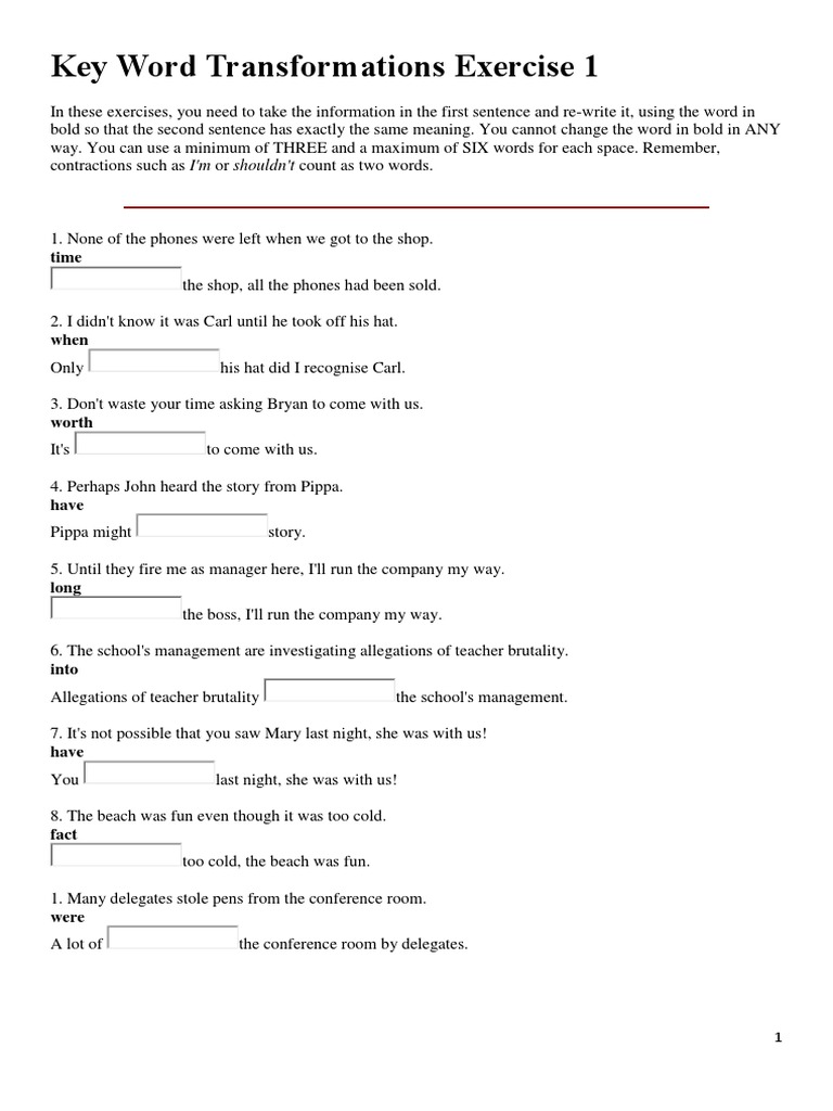 Key Word Transformation Exercises | PDF