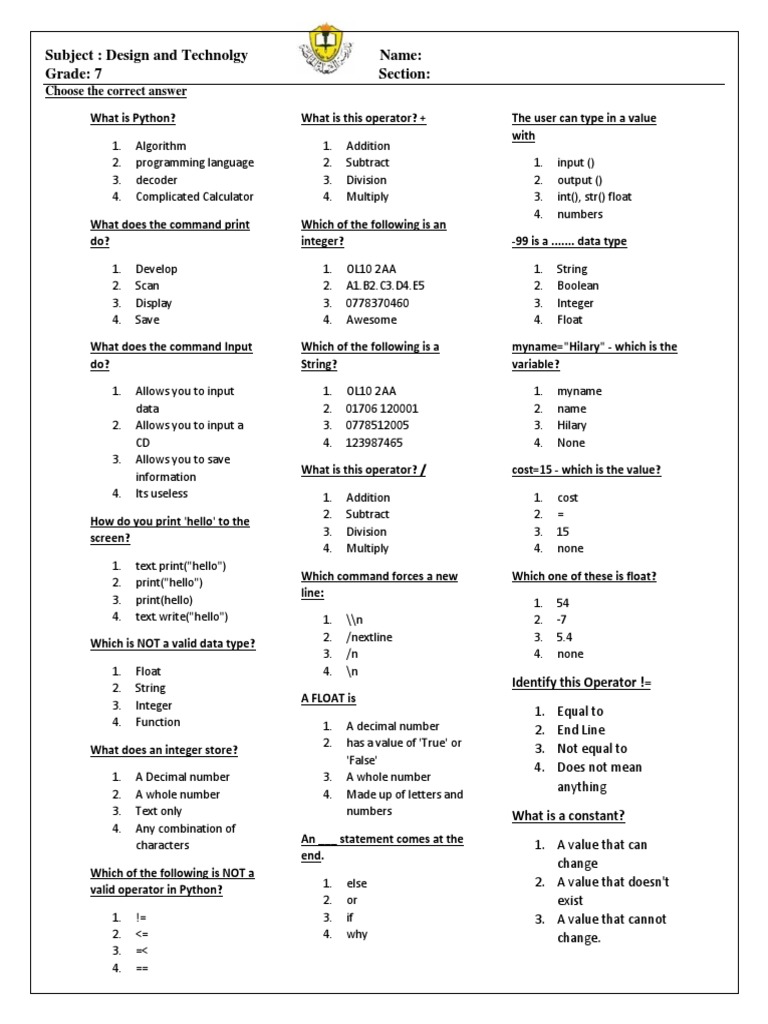 Subject: Design and Technolgy Name: Grade: 7 Section | PDF | Data Type ...