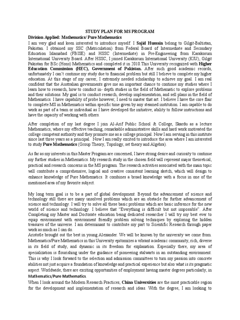 Study Plan For Ms Program Division Applied: Mathematics/ Pure ...