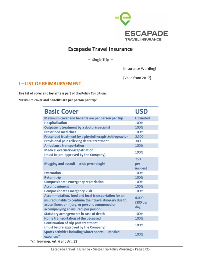 Wording World Escapade - Single Trip - 2017 | PDF | Insurance | Hiv/Aids