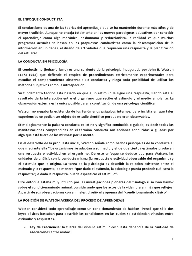 El Enfoque Conductista | PDF | Aprendizaje | Sicología