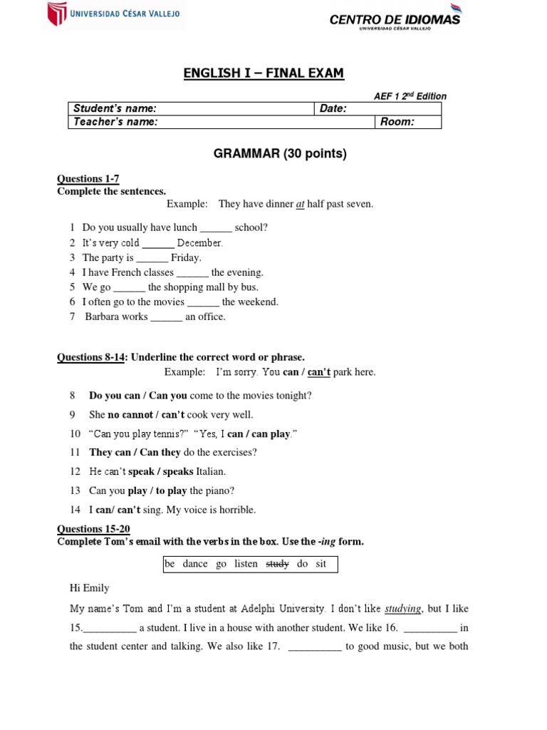 Final Exam English 1 - Formato Piero Moreno | PDF | English Language ...