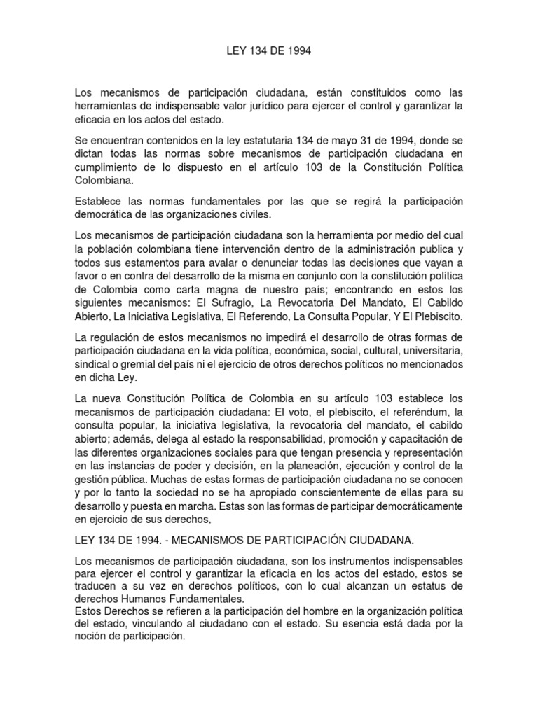 Ensayo Ley 134 de 1994 | PDF | Participación pública | Constitución