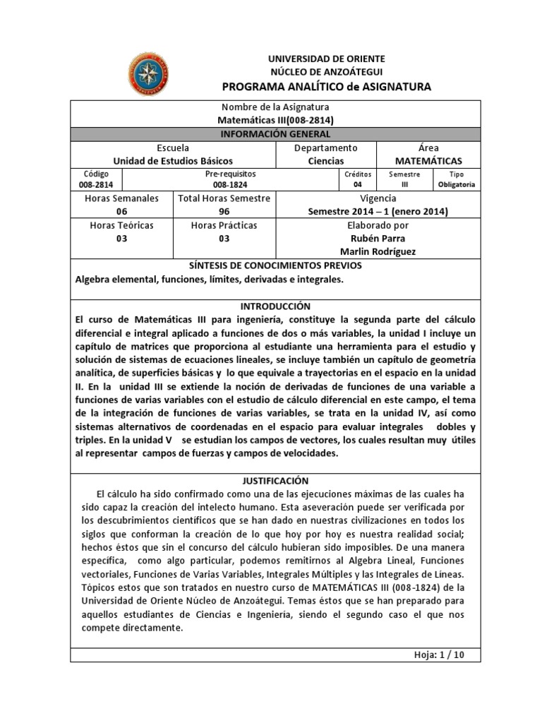 Programa Asignatura Udo Anz 0082814 Matemc3a1ticas III Ciencias | PDF | Integral | Espacio vectorial
