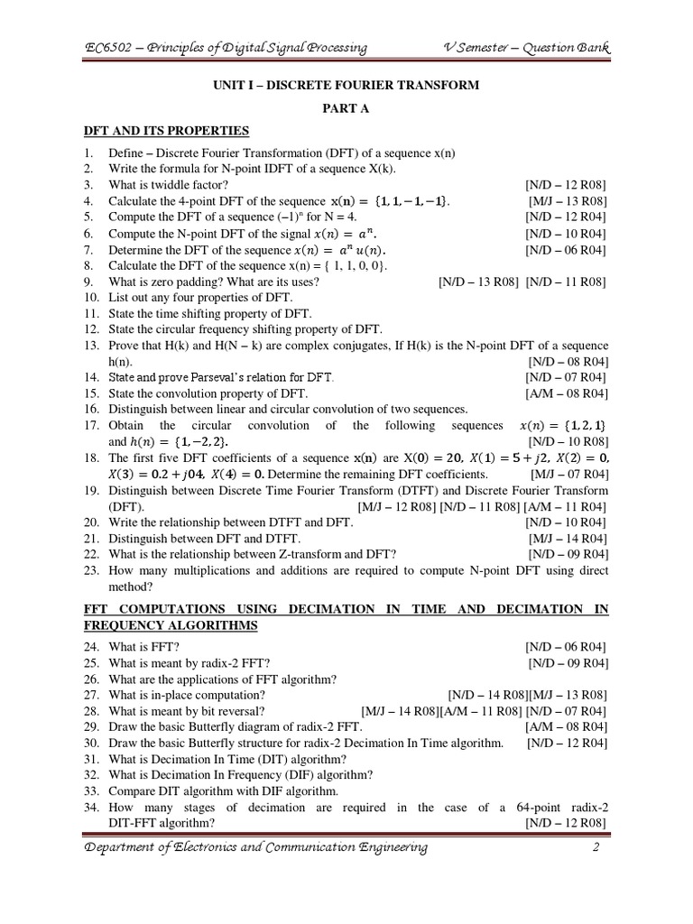 Ec 6502 Principles of Digital Signal Processing - Question Bank - 2018 | PDF | Discrete Fourier ...