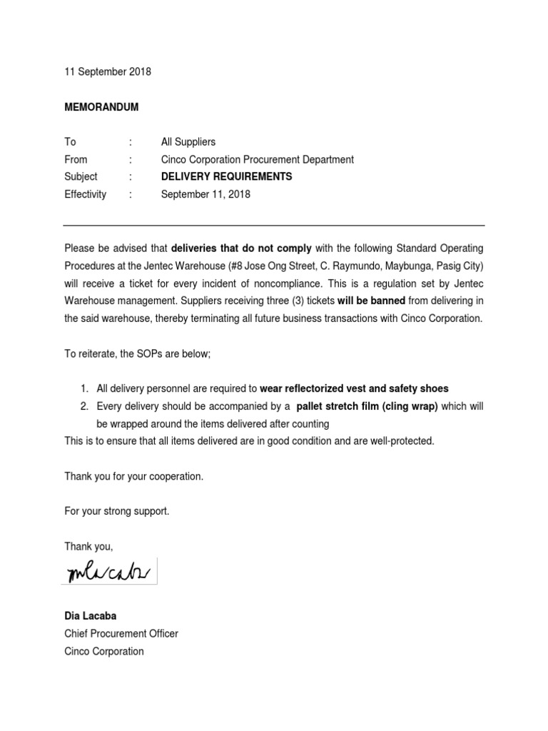 Memo - Delivery Requirements | PDF | Business | Law