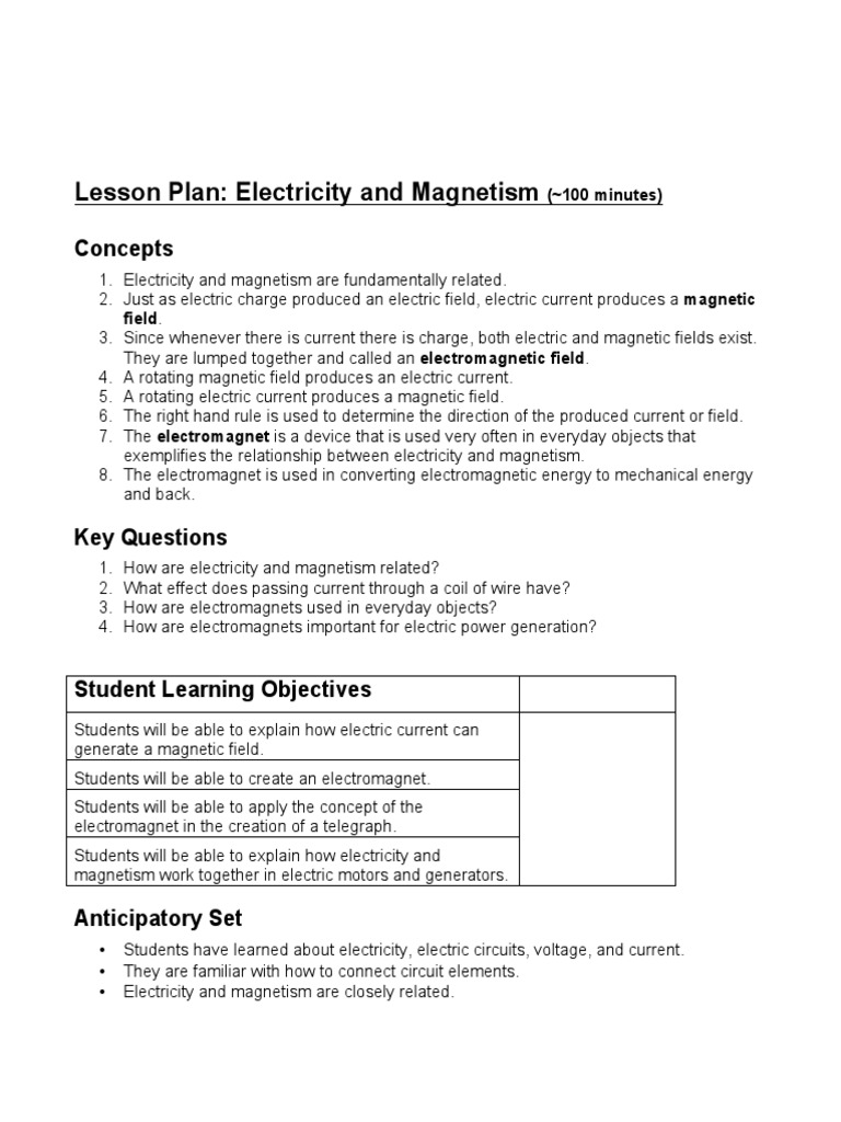 Lesson Plan: Electricity and Magnetism: Concepts | PDF | Electricity ...