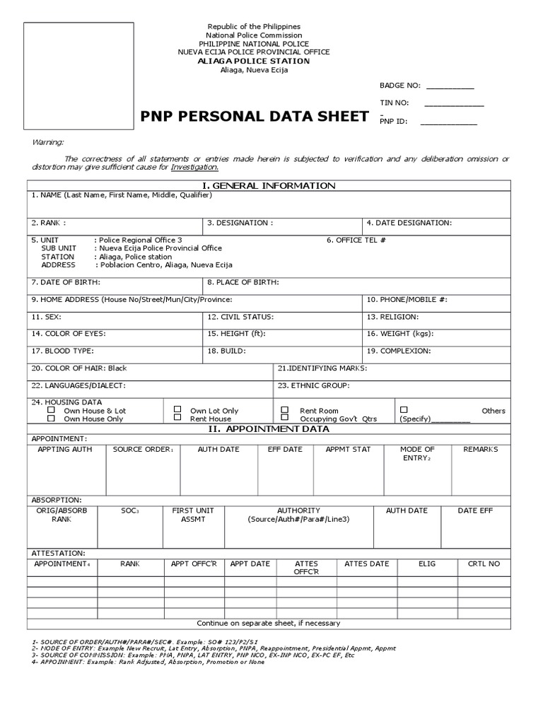 PNP Personal Data Sheet: I. General Information | PDF