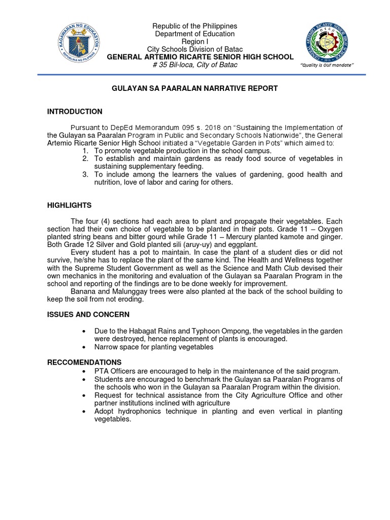 Gulayan Sa Paaralan Narrative Report | PDF | Vegetables | Agriculture