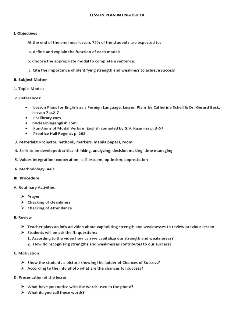 Lesson Plan in English 10 | PDF | Lesson Plan | English Language
