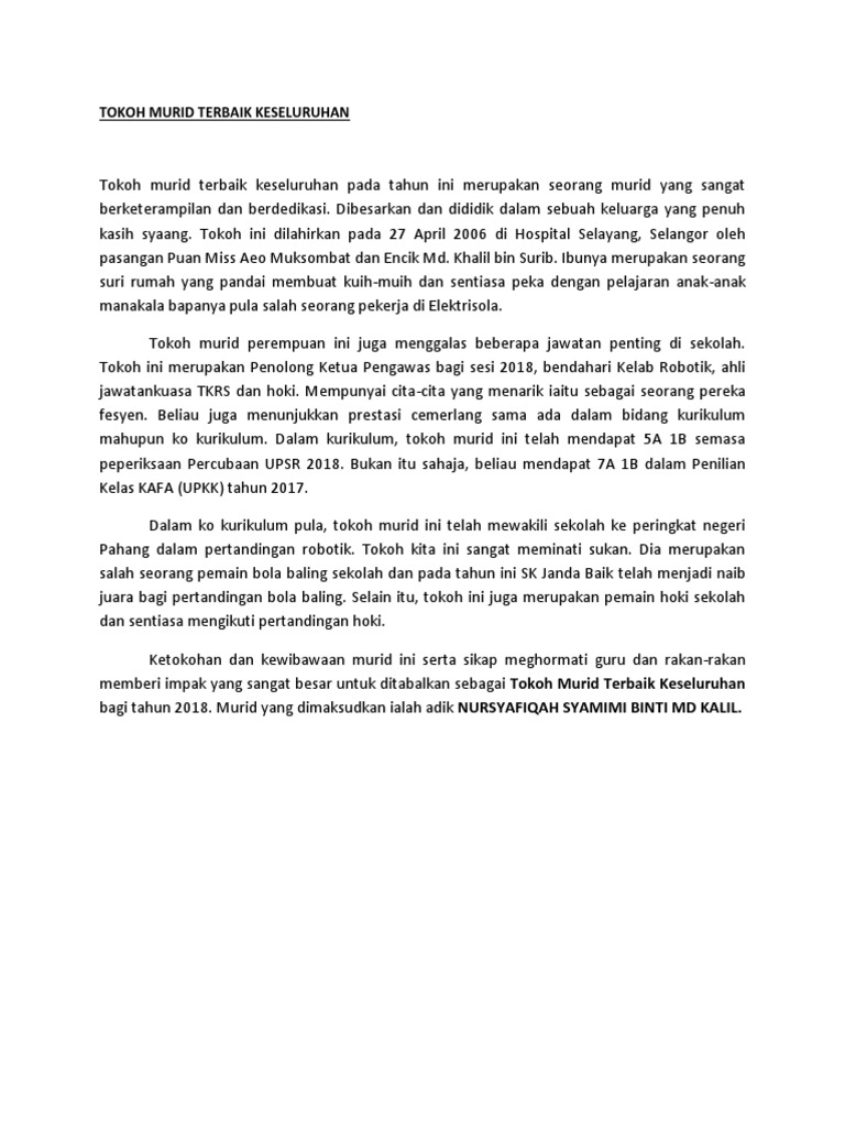 Biodata Tokoh Murid Terbaik Keseluruhan | PDF