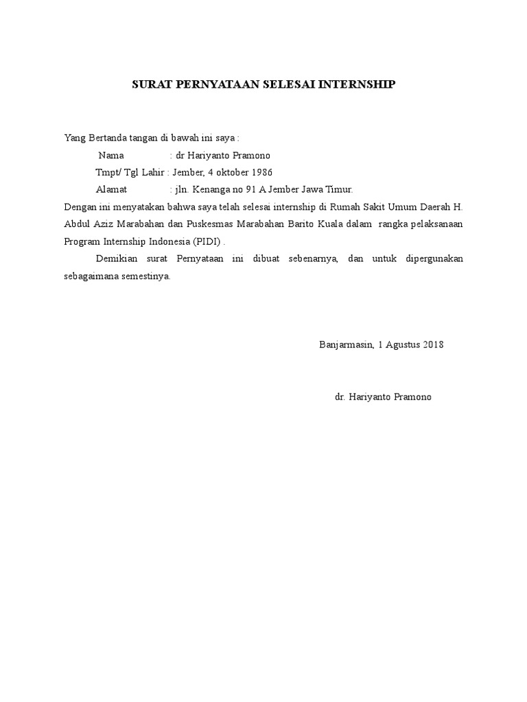Surat Pernyataan Selesai Internship | PDF