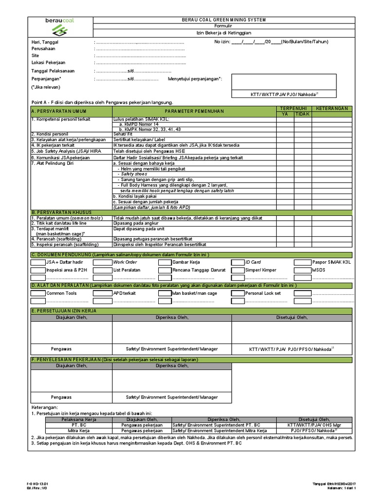 Formulir Izin Bekerja Di Ketinggian Pdf