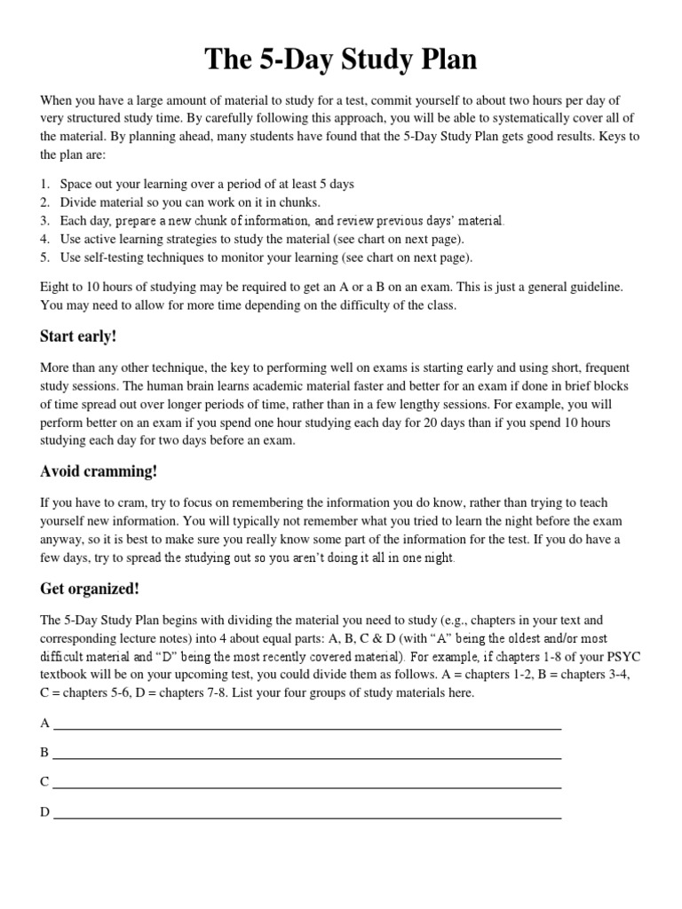 The 5-Day Study Plan: Start Early! | PDF | Test (Assessment) | Human ...