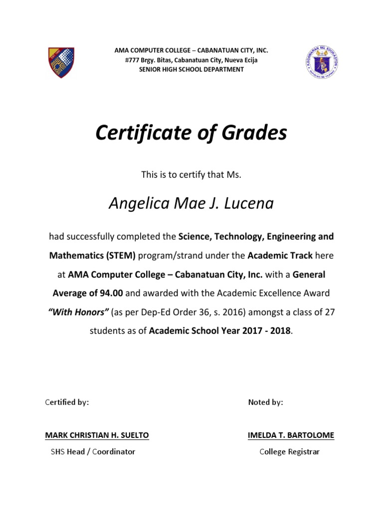 Certificate of Grades: Angelica Mae J. Lucena | PDF