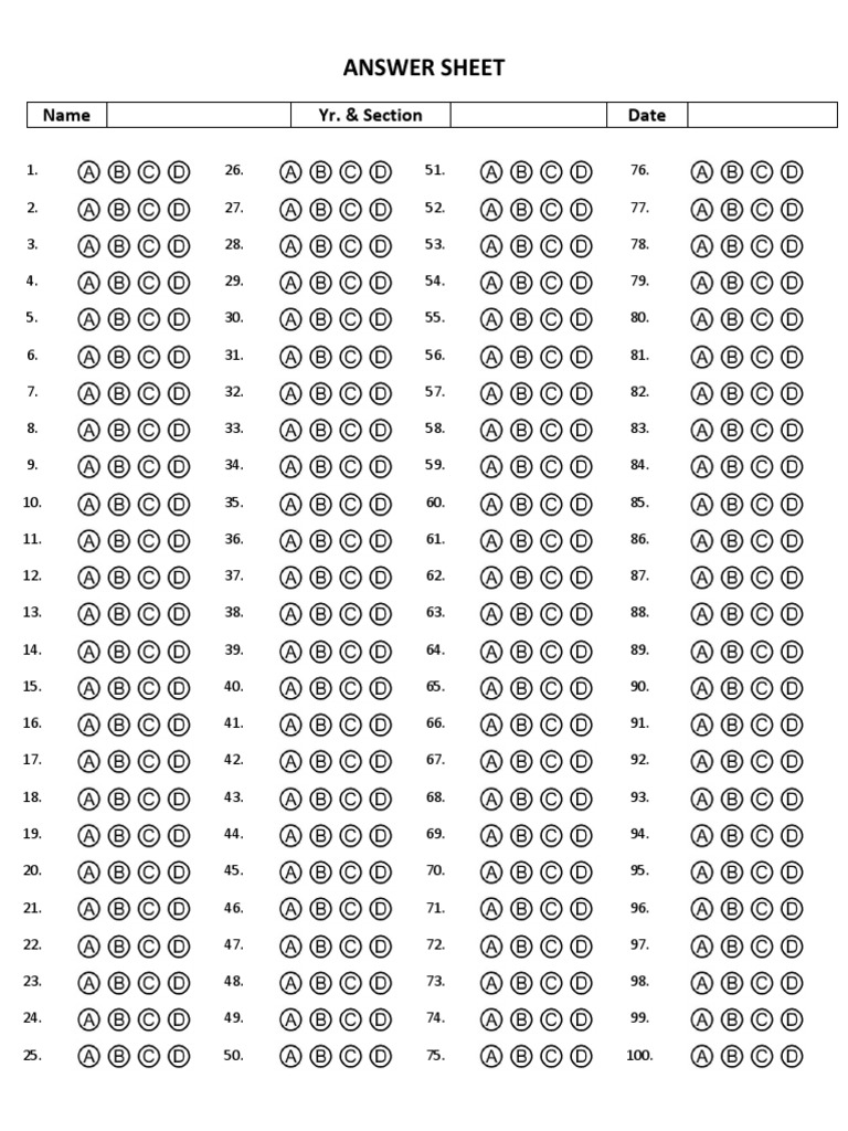 Answer Sheet: Name Yr. & Section Date | PDF